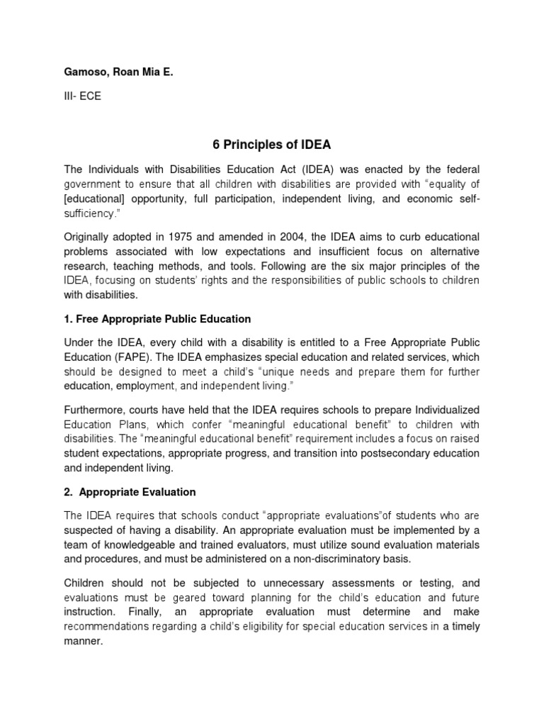 6 Principles of IDEA: Gamoso, Roan Mia E | PDF | Individualized ...
