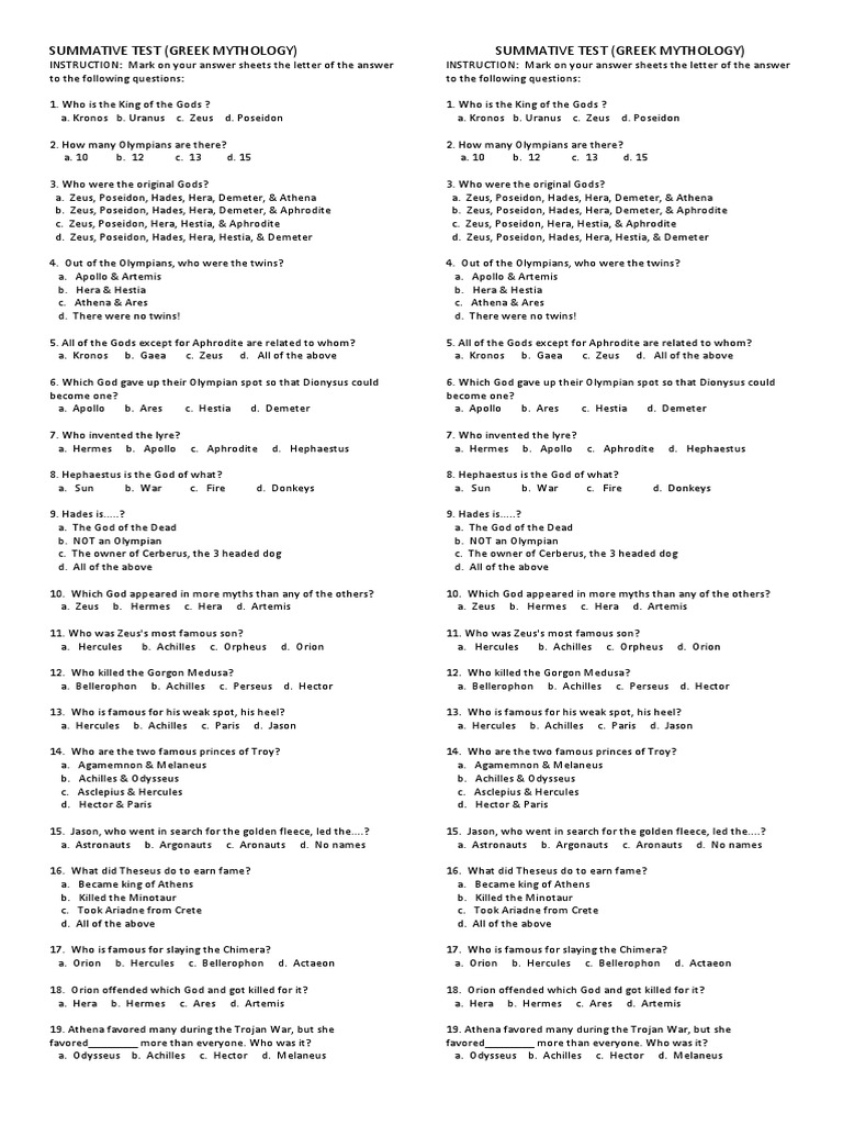 Summative Test Greek Myth | PDF | Twelve Olympians | Zeus