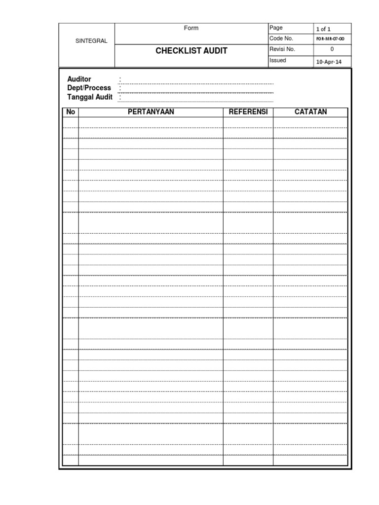 Checklist Audit: Auditor Dept/Process Tanggal Audit Referensi ...