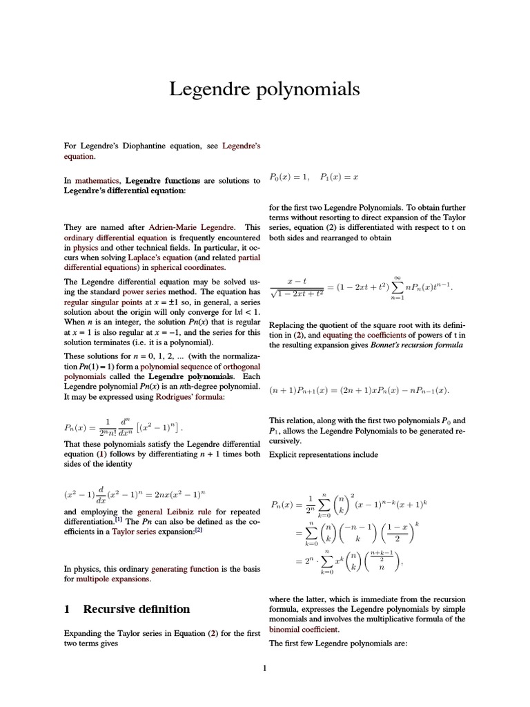 Legendre Polynomials: 1 Recursive Definition | PDF | Mathematical ...