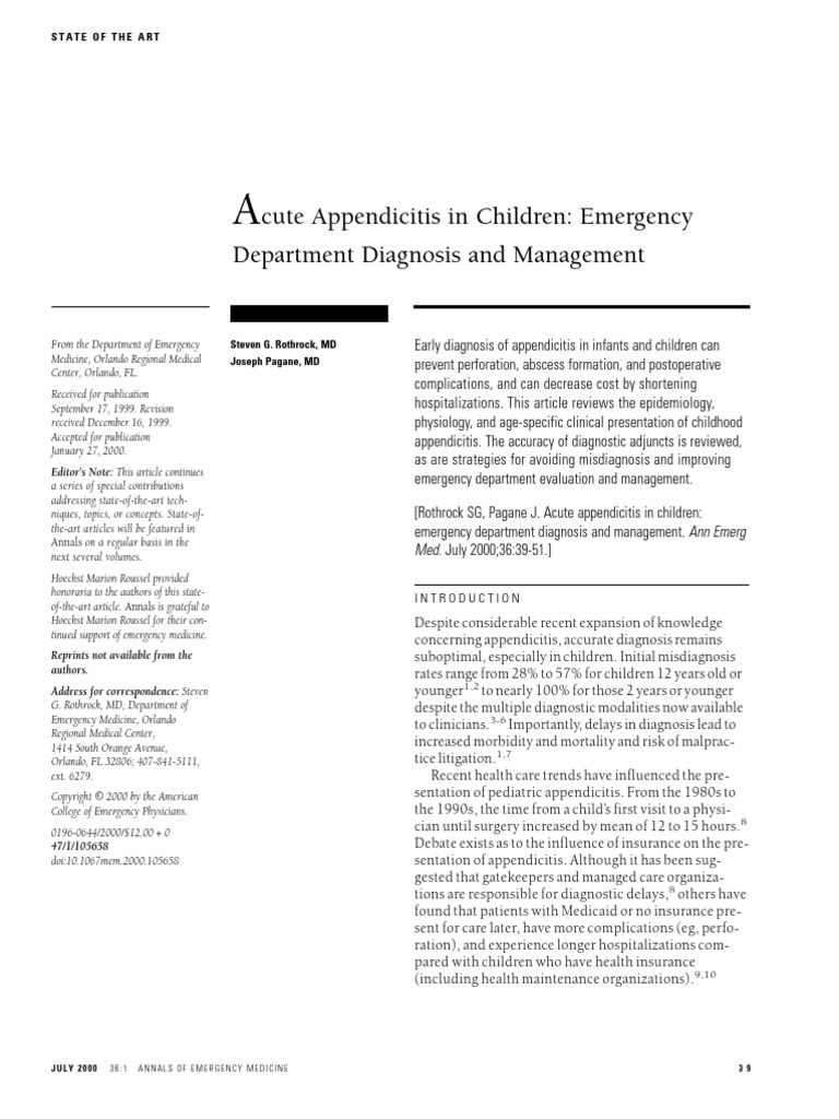 Cute Appendicitis in Children: Emergency Department Diagnosis and ...
