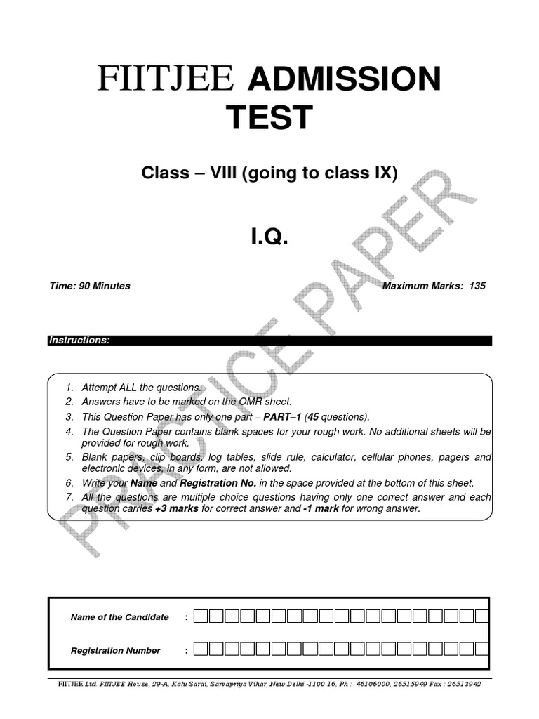 Fiitjee: Admission Test | PDF