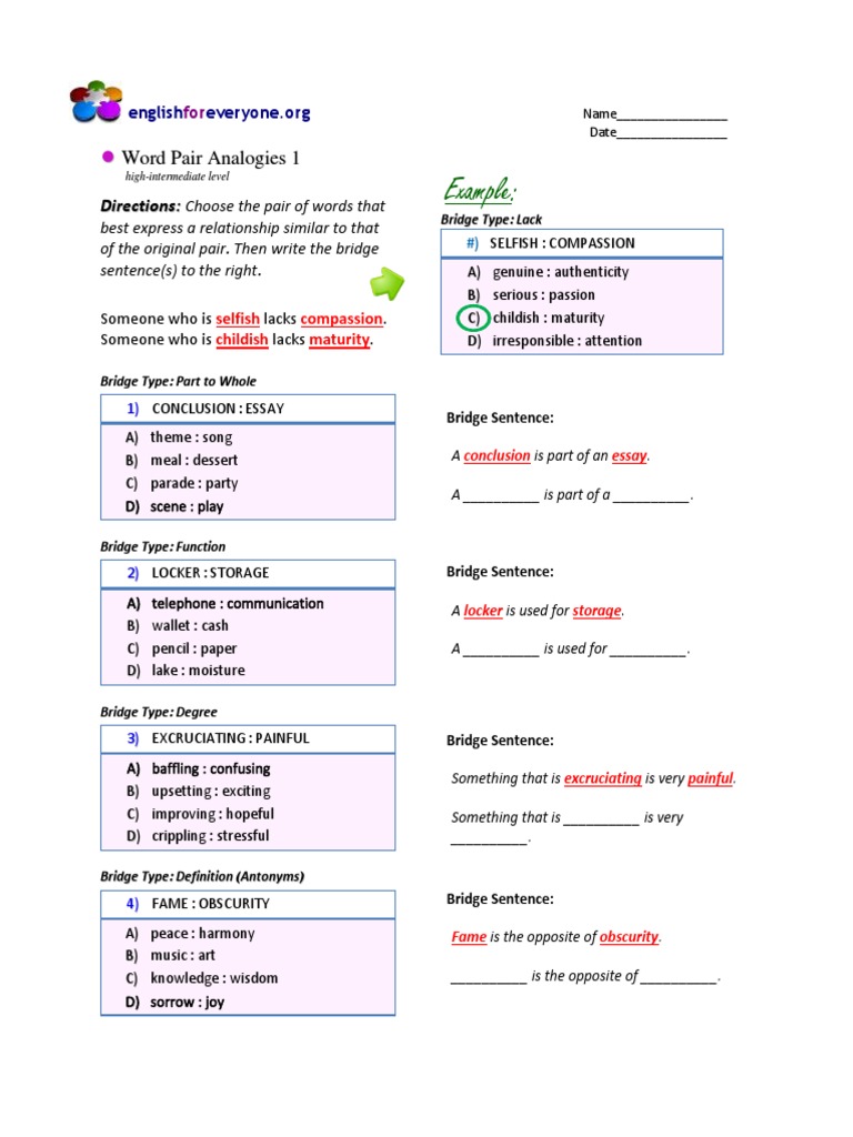 Antonym Analogies Practice Worksheet | PDF
