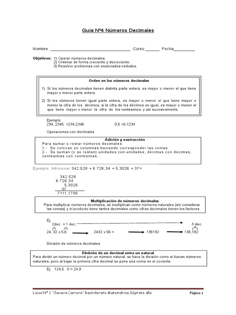 Guía de Números Decimales y Operaciones | PDF