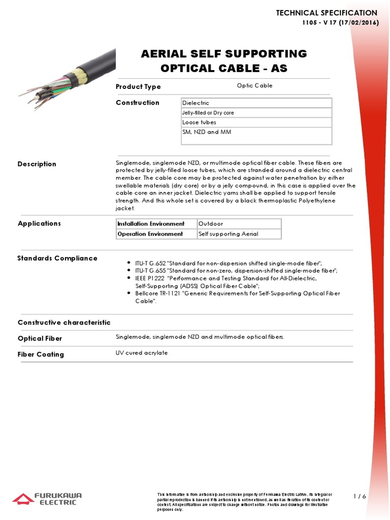 Aerial Self Supporting Optical Cable - As: Product Type Construction ...