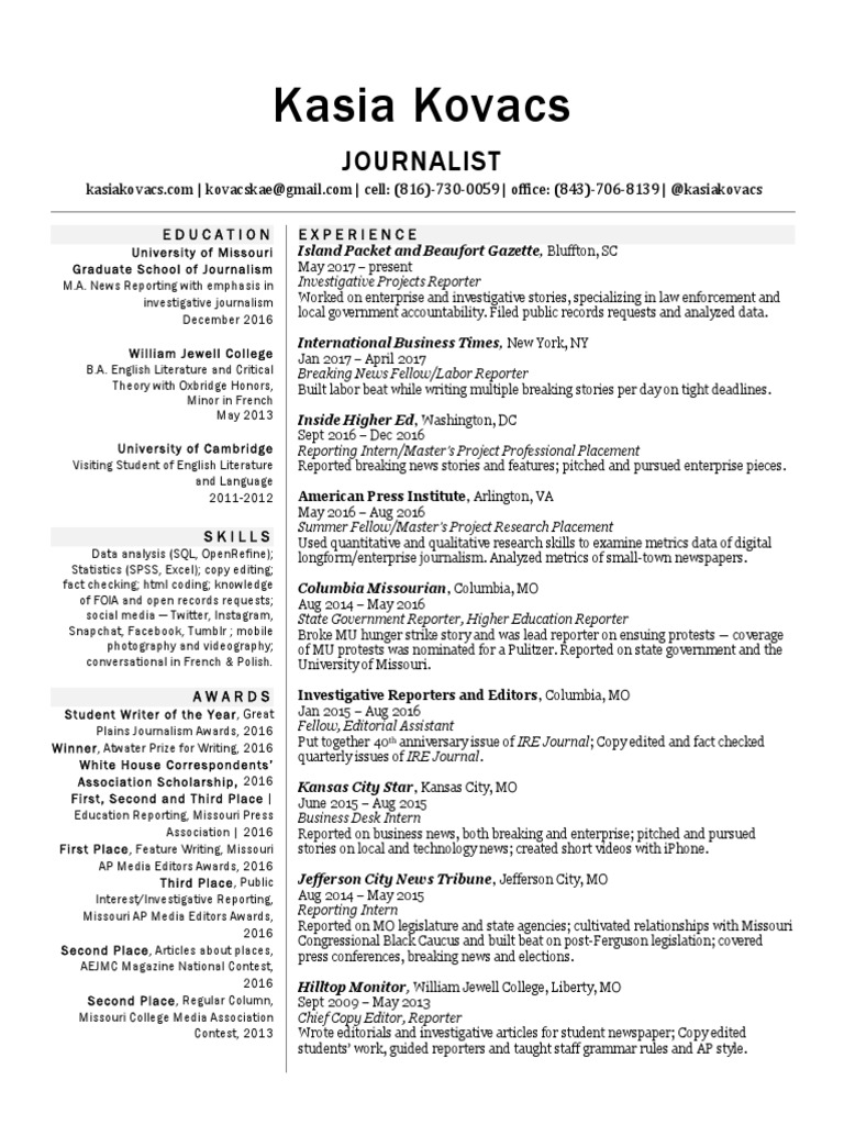 Resume - Kasia Kovacs | PDF | Copy Editing | Journalism