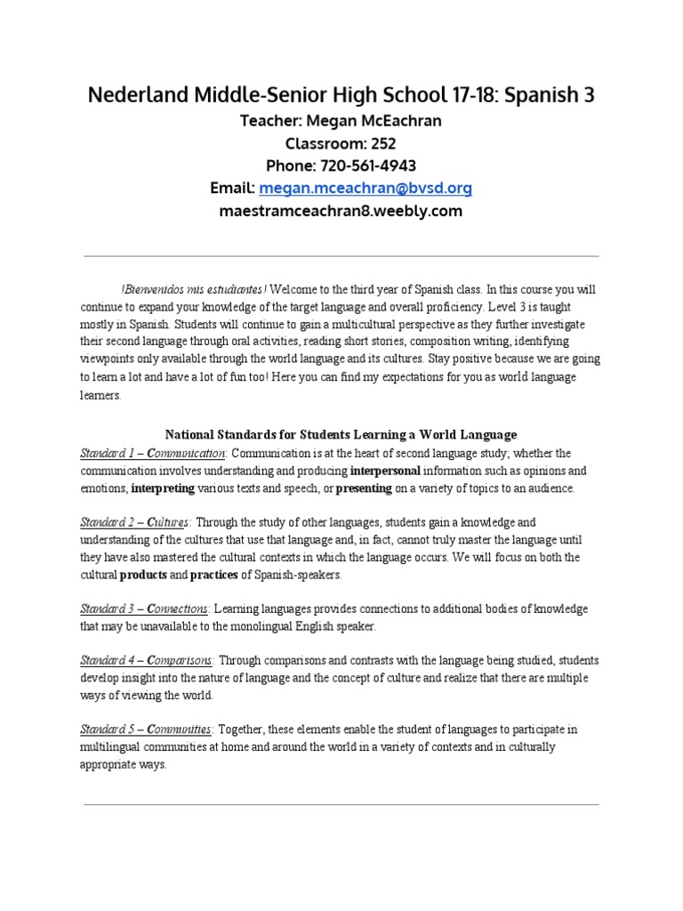 Spanish 3 Syllabus | PDF | Homework | Test (Assessment)