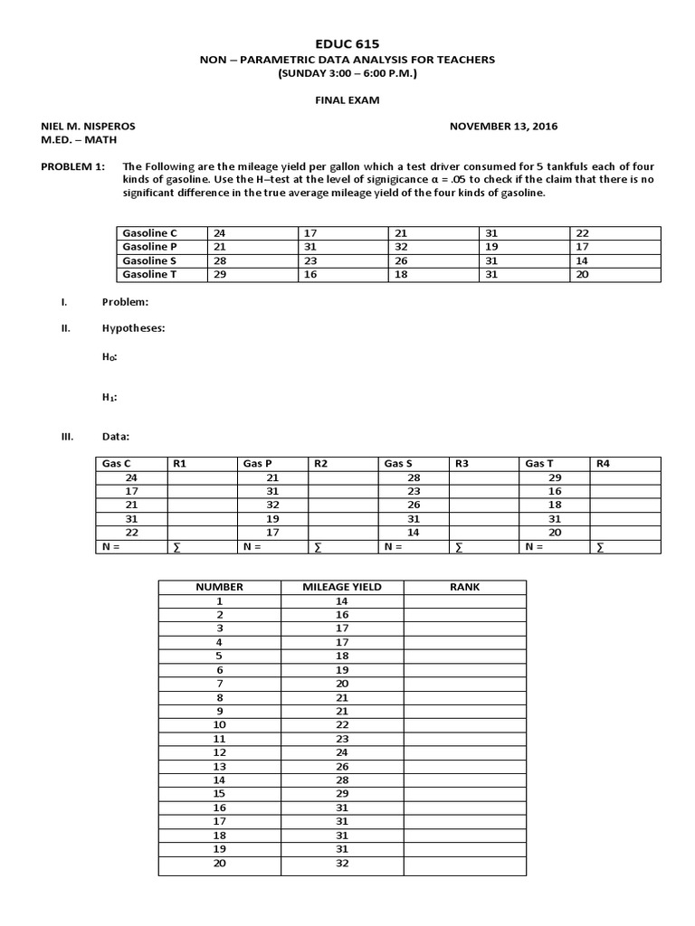 EDUC 615: Non - Parametric Data Analysis For Teachers | PDF | Hypothesis | Statistics