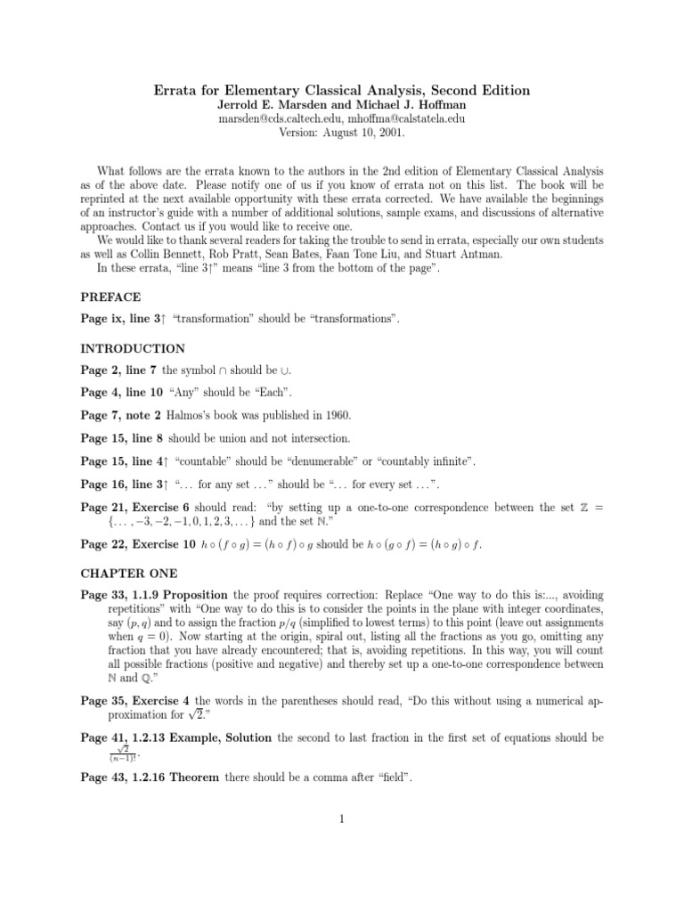 Errata for Elementary Classical Analysis | PDF