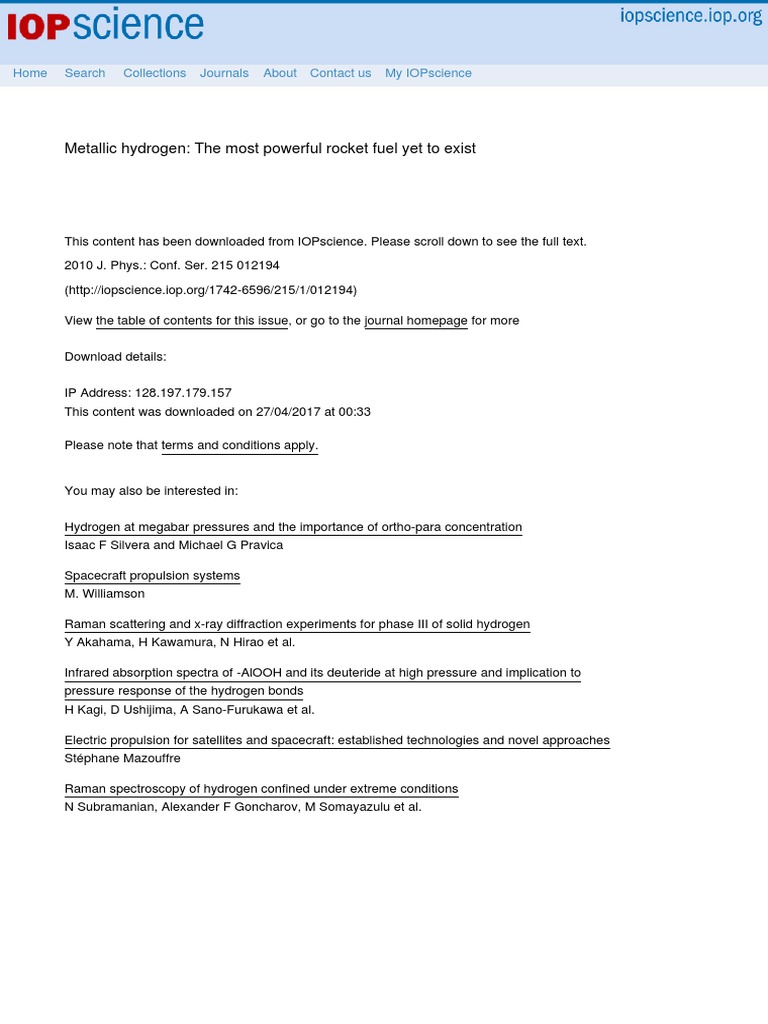 Isaac F Silvera 2010 J. Phys.: Conf. Ser. 215 012194 | PDF | Rocket ...