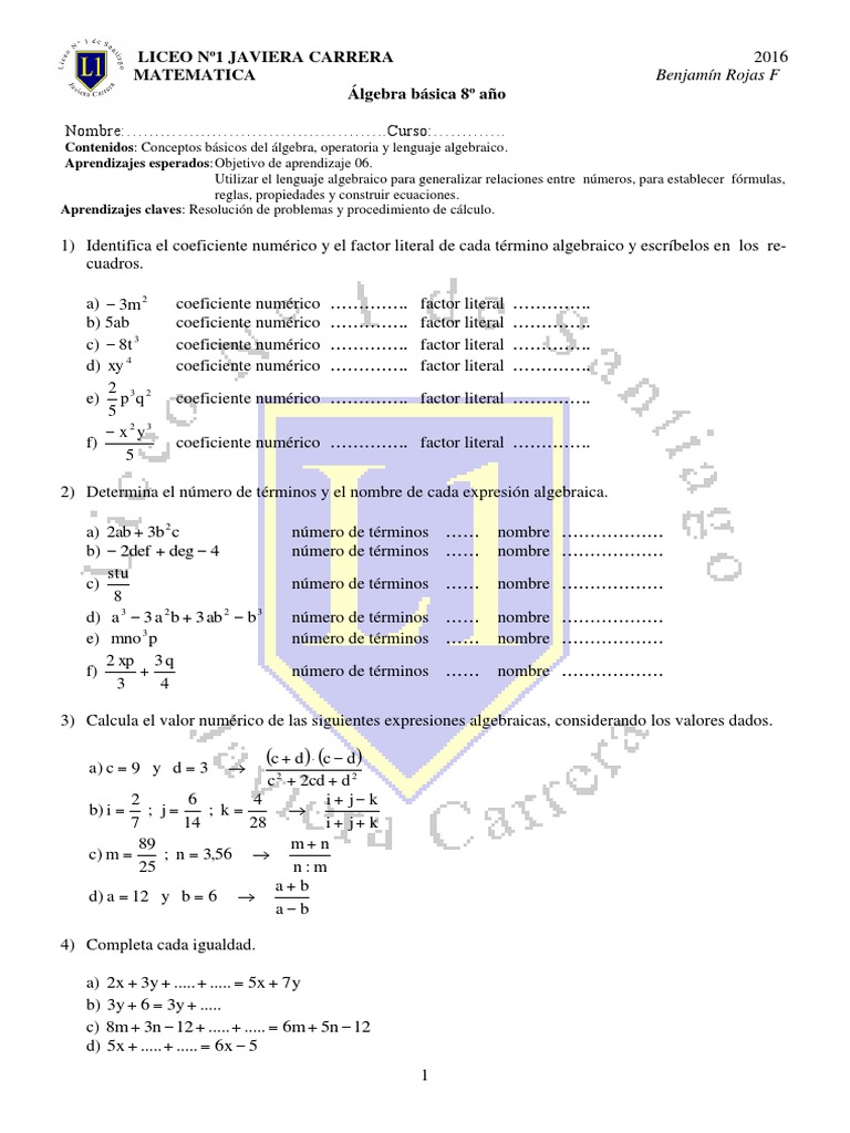 8° Básico - Guía de Álgebra | Álgebra | Álgebra abstracta