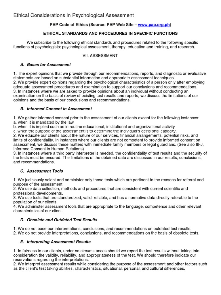 Ethical Considerations in Psychological Assessment | Download Free PDF ...