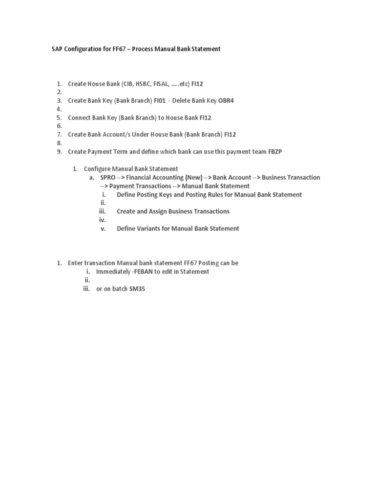 SAP Configuration For FF67 - Process Manual Bank Statement | PDF