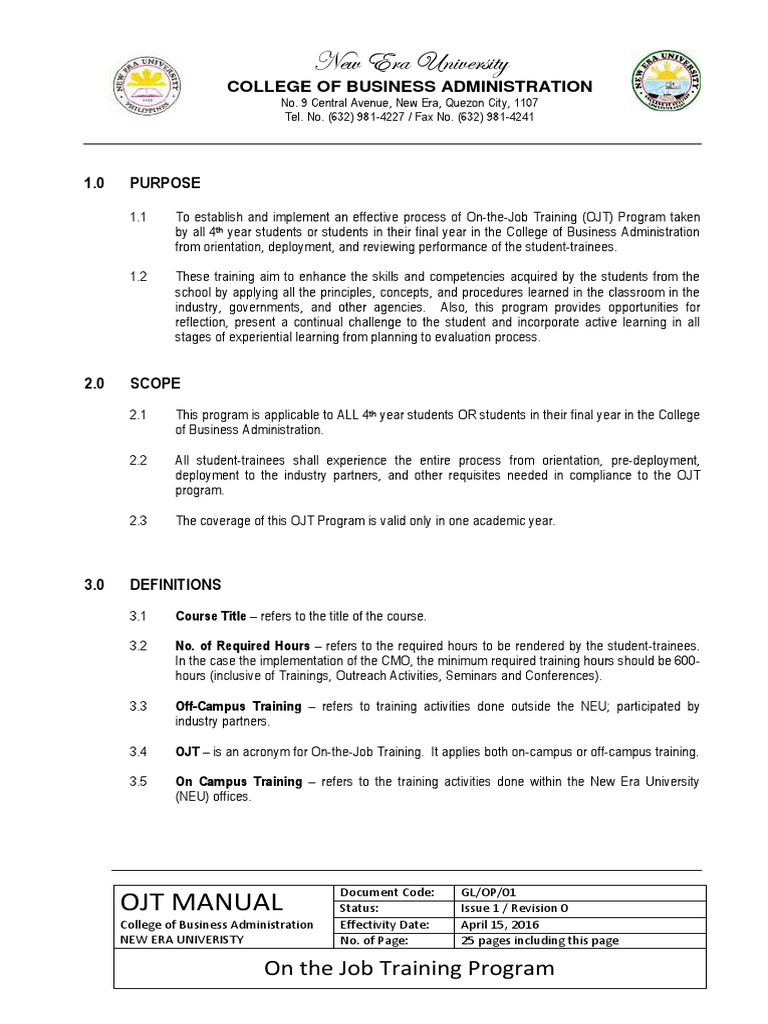 OJT Guidelines Rules and Regulations 2016 OJT Program Contents | PDF ...