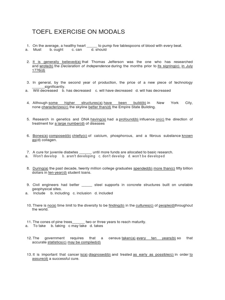TOEFL Exercise On Modals | PDF | Verb | Language Mechanics