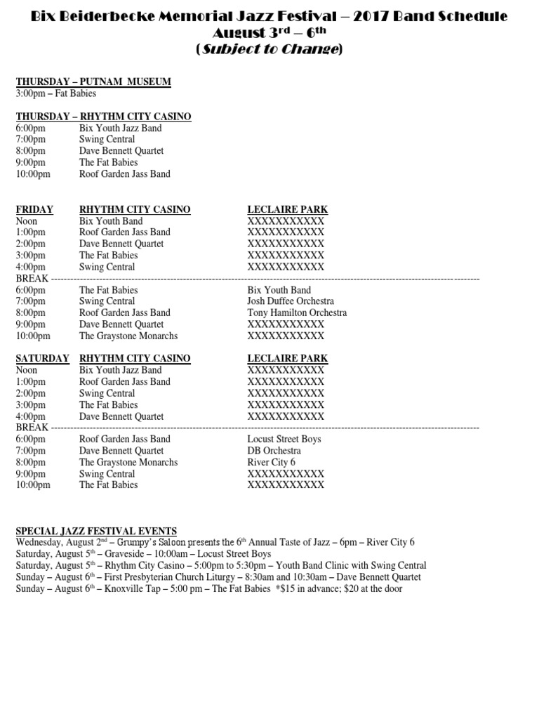 Bix Jazz Festival 2017 Band Schedule | PDF