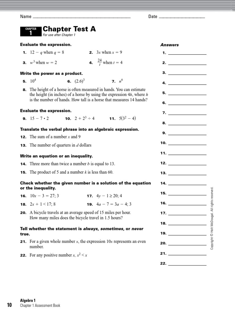 Holt Algebra 1 - Chapter 01 Test PDF | PDF | Celsius | Function ...