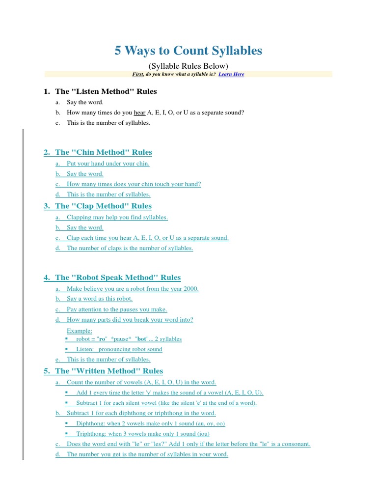 5 Ways To Count Syllables: 1. The "Listen Method" Rules | PDF ...