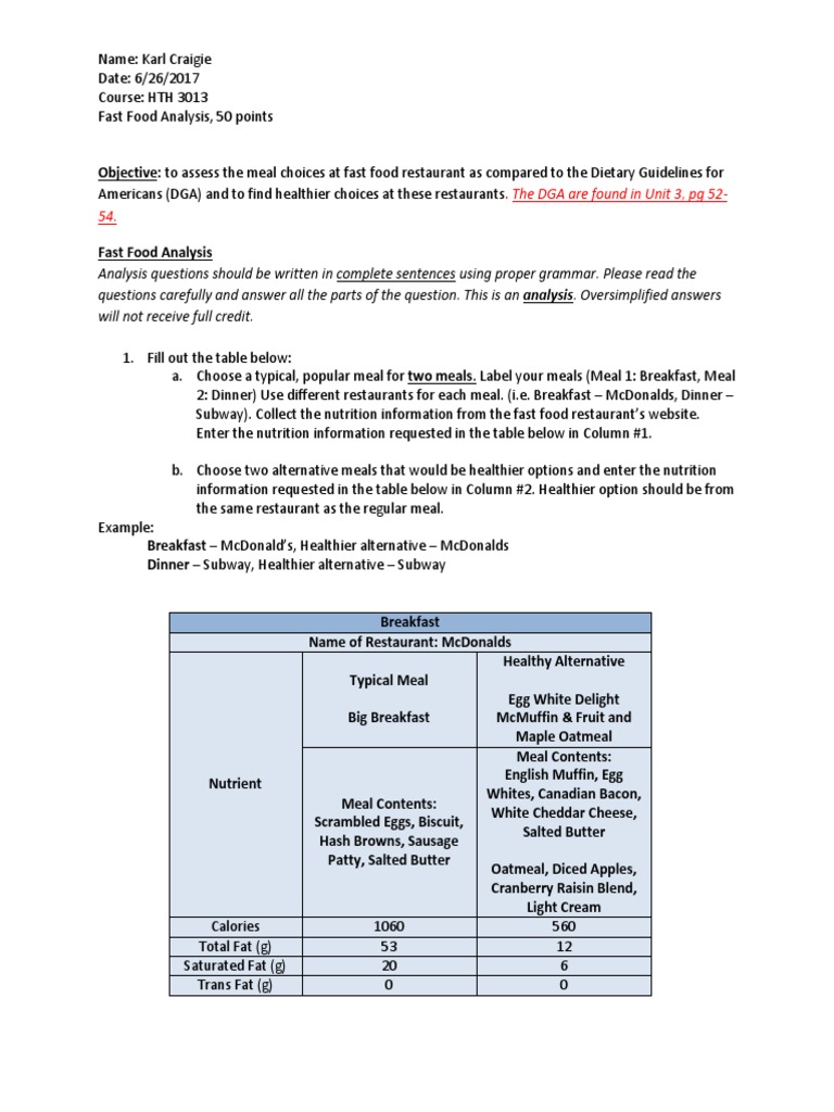 Healthier Fast Food Choices Analysis | PDF | Meal | Fast Food