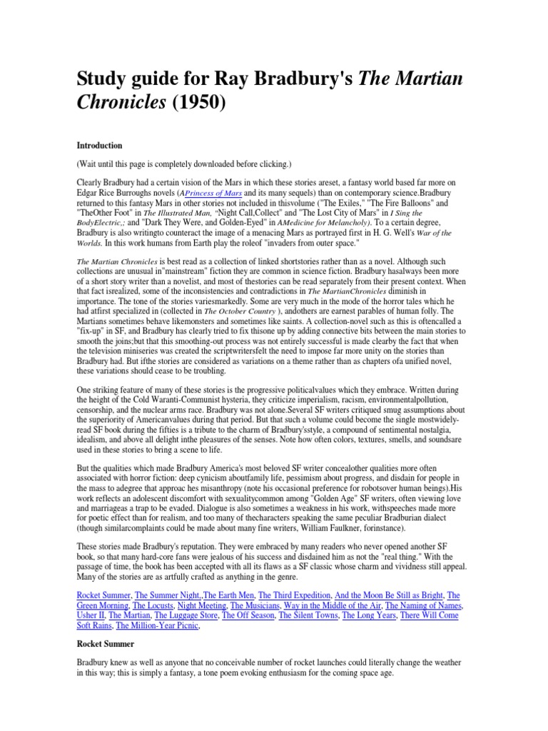 Chronicles (1950) : Study Guide For Ray Bradbury's The Martian | PDF ...