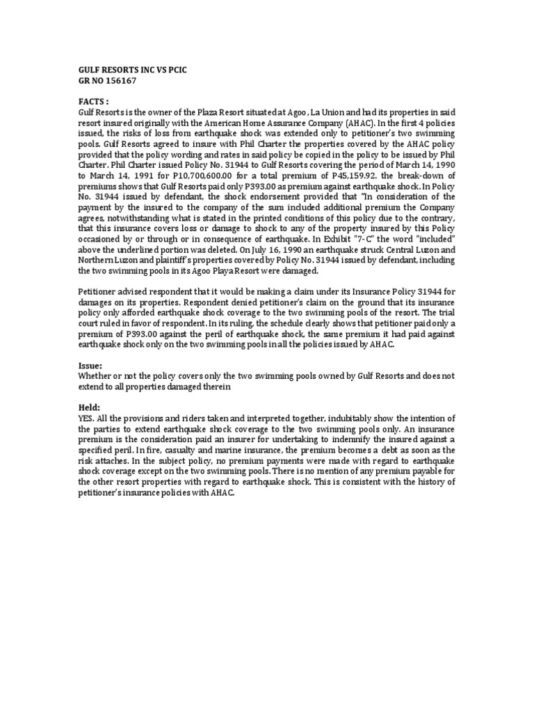 Gulf Resorts Inc Vs Pcic | PDF | Insurance | Financial Risk