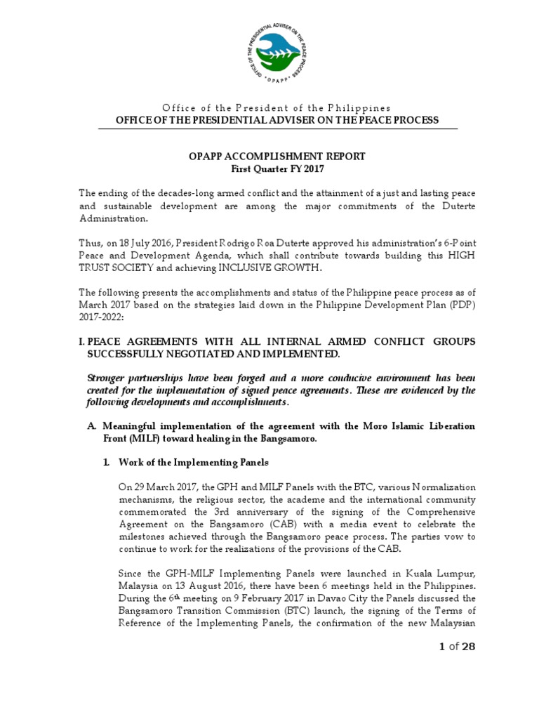 OPAPP 1st Quarter Accomplishment Report 7.12.18 PDF | PDF | Philippines ...