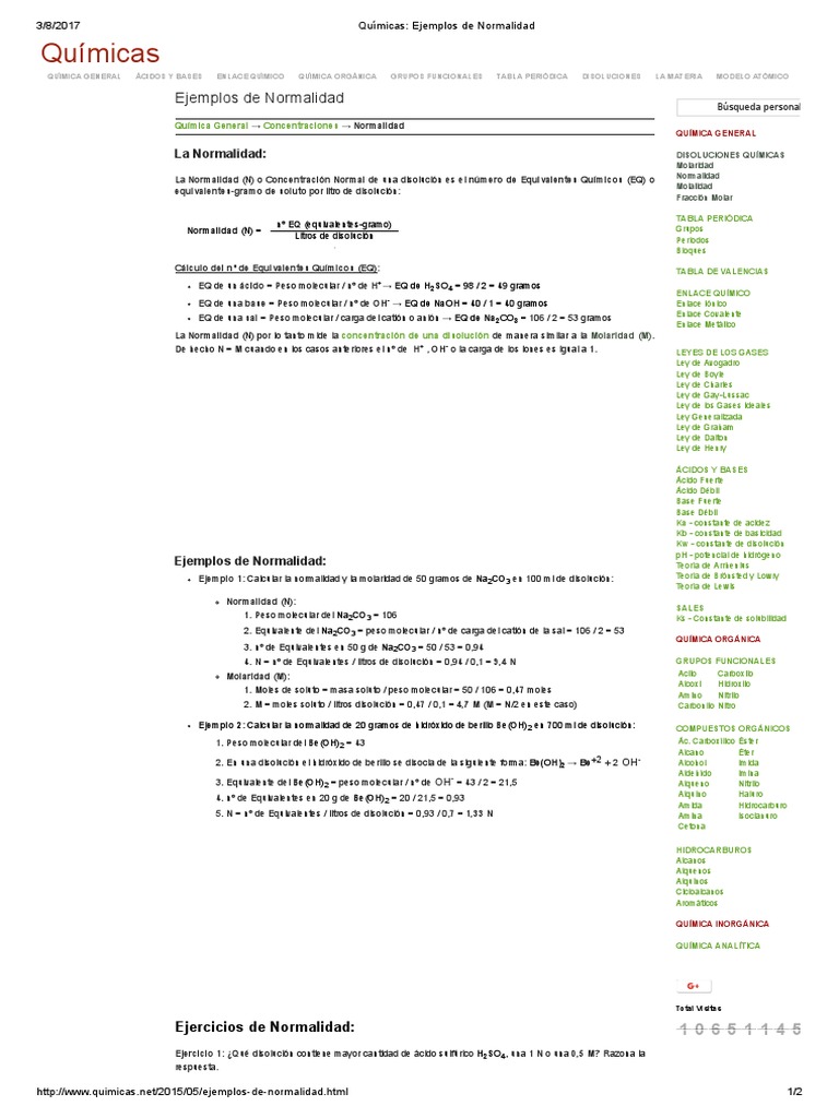 Químicas_ Ejemplos de Normalidad | PDF | Concentración | Química