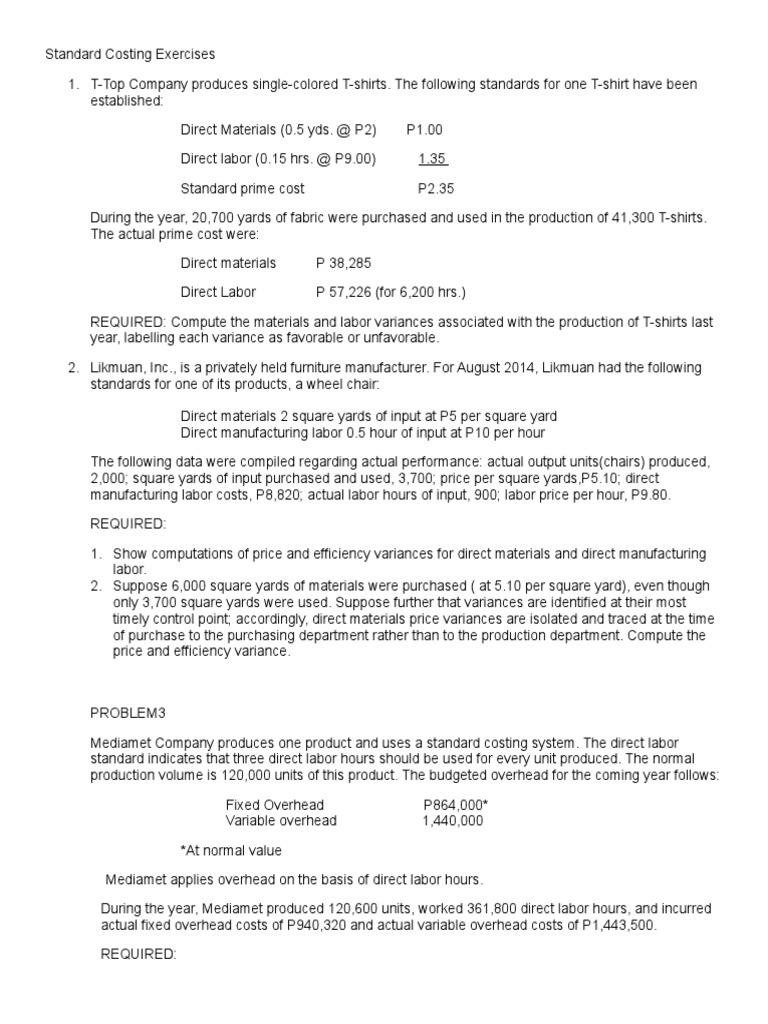 Standard Costing Exercises | PDF | Kilogram | Economics