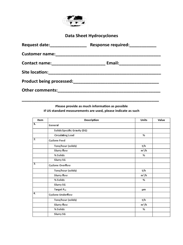 Hydrocyclone Data Sheet | PDF | Chemical Engineering | Mechanical ...