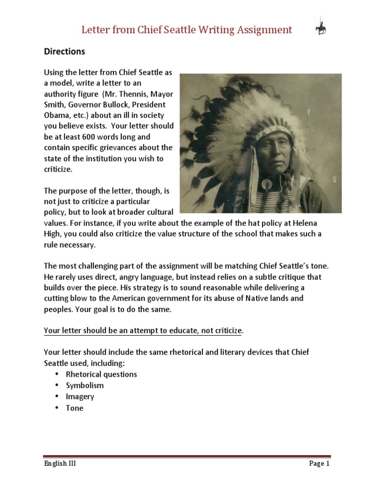 Chief Seattle Letter Writing Assignment