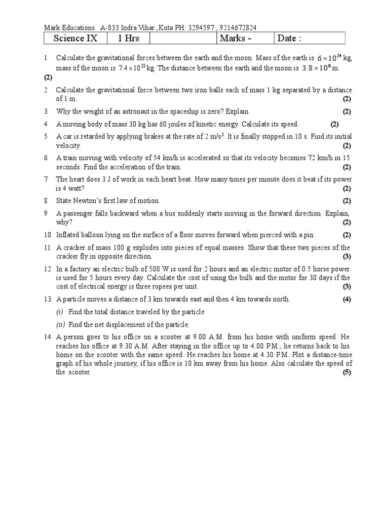 Question Bank For 9 TH Class | PDF | Acceleration | Force