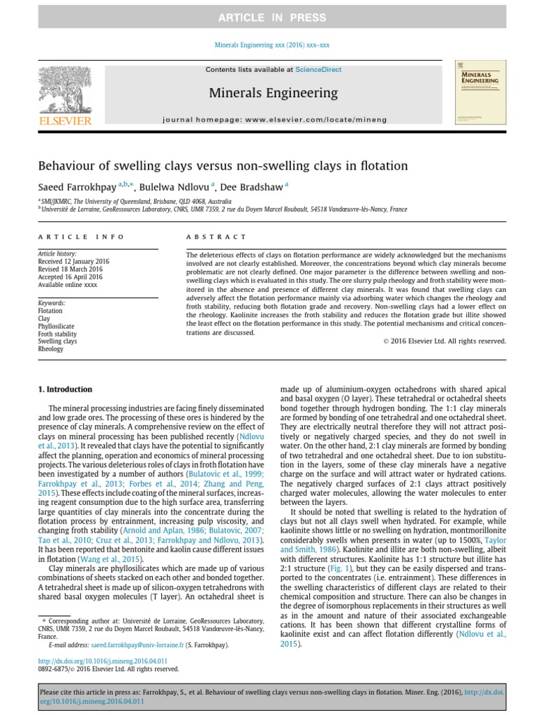 Behaviour of Swelling Clays Versus Non-Swelling Clays in Flotation ...