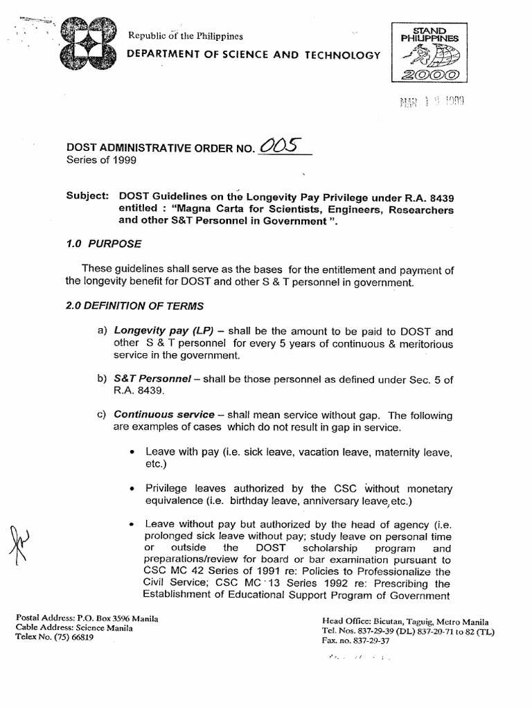 005 - DOST Guidelines On The Longevity Pay Privilege Under R.A. 8439 ...