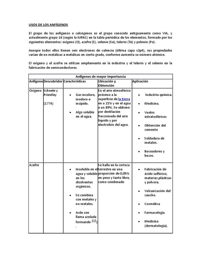 Usos de Los Anfígenos | PDF | Azufre | Selenio