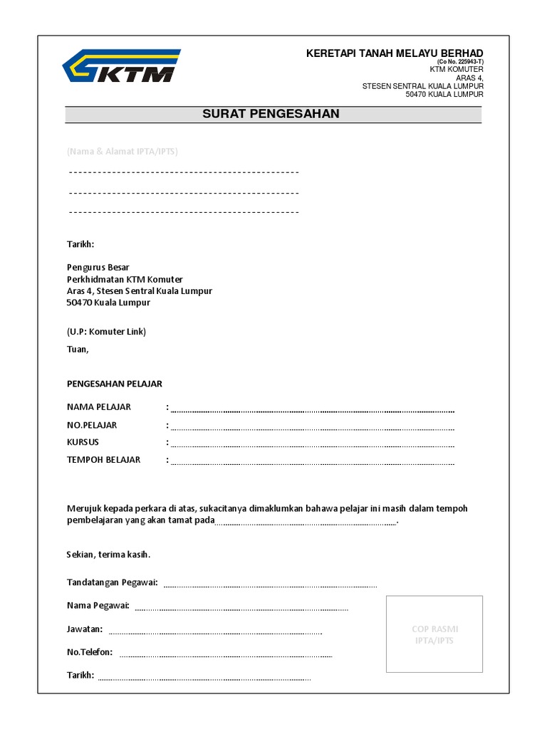 BORANG Pengesahan Pelajar UNTUK KTM | PDF