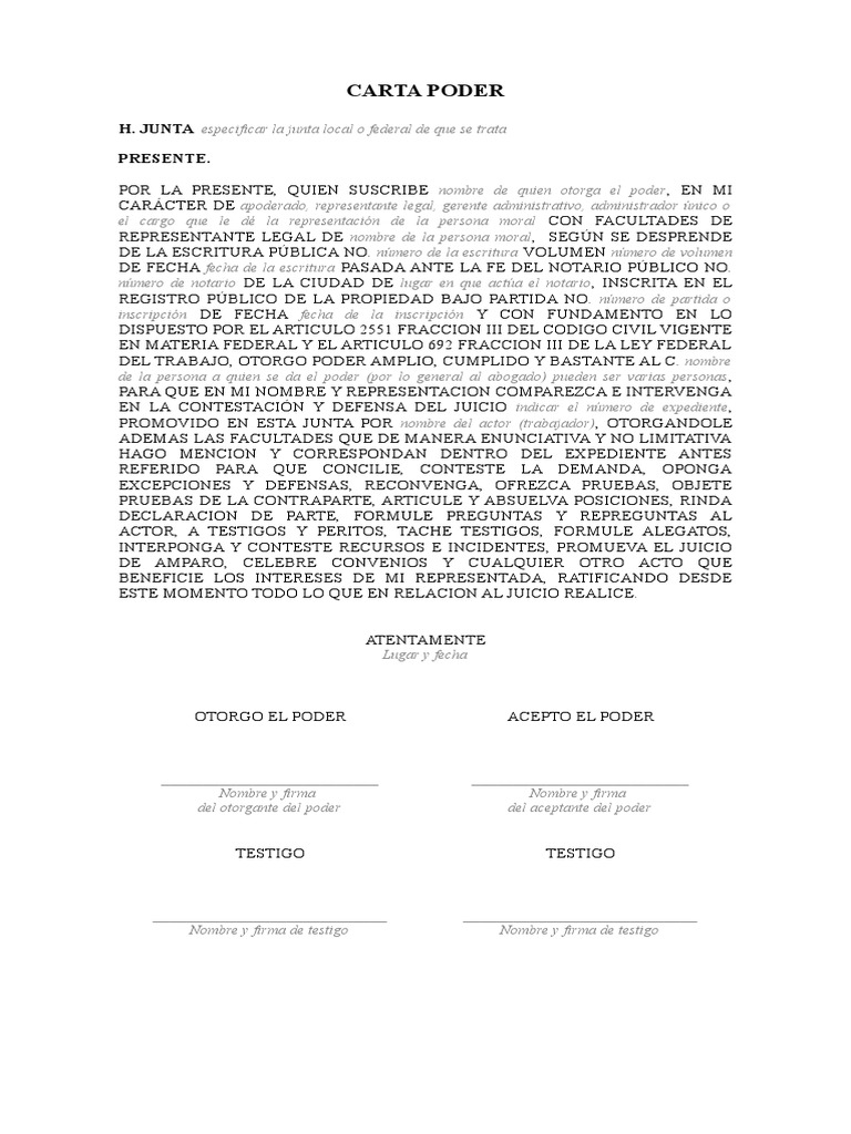 Carta Poder Otorgada Por Persona Moral Laboral | PDF
