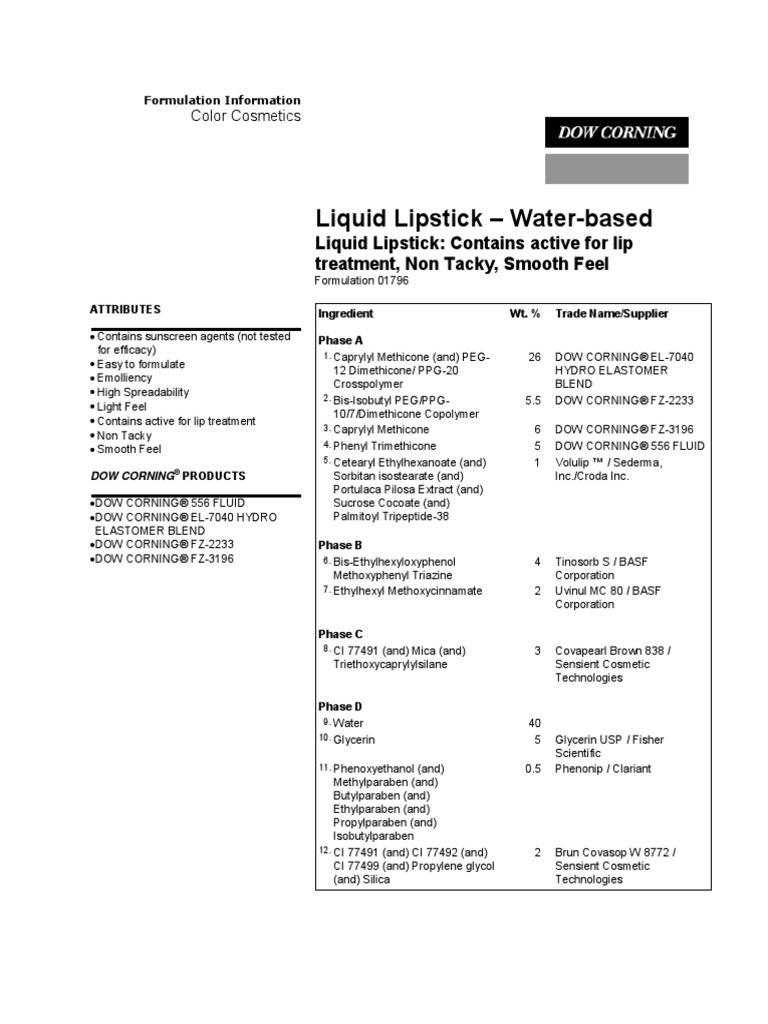 FORMUL 01796 Lipstick-Formulation | PDF | Safety | Trademark