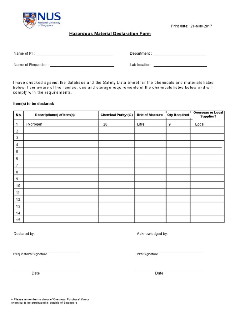 Hazardous Material Declaration Form: Item(s) To Be Declared: No | PDF