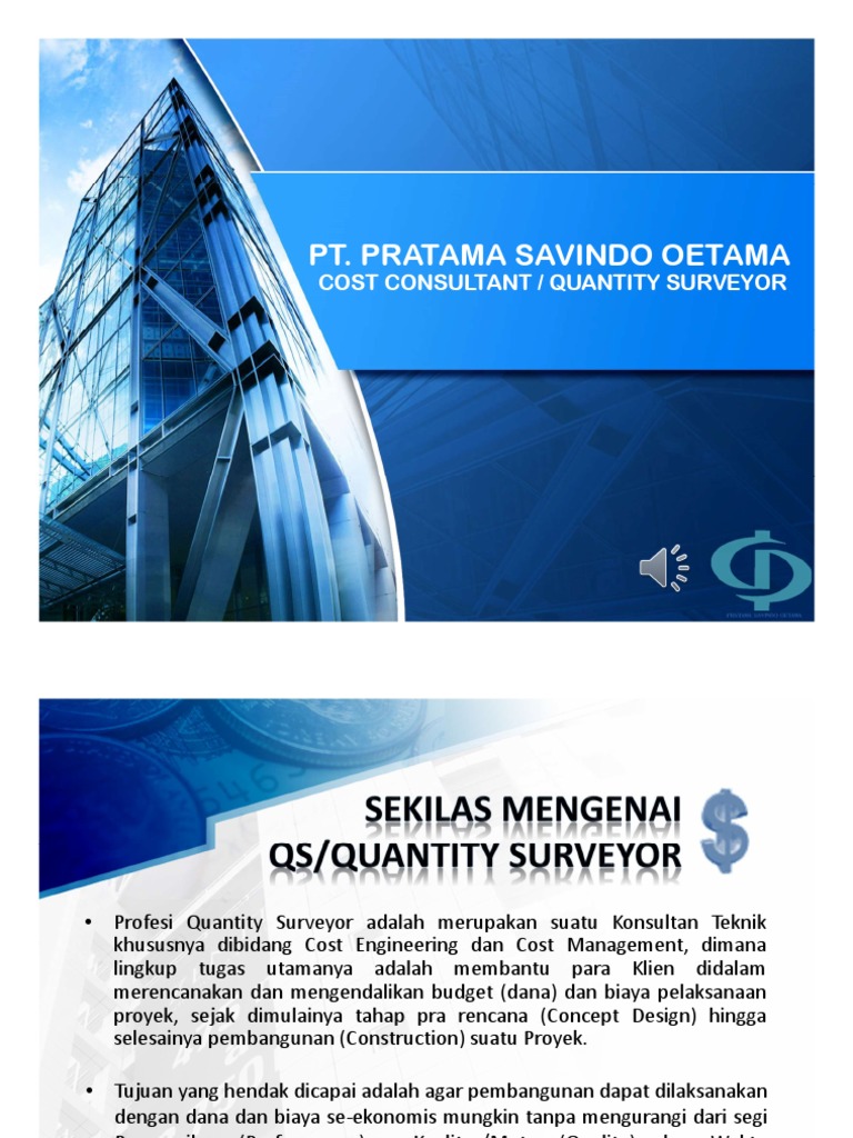 Presentasi Perusahaan PT. Pratama Savindo Oetama (Konsultan QS) 2016 | PDF