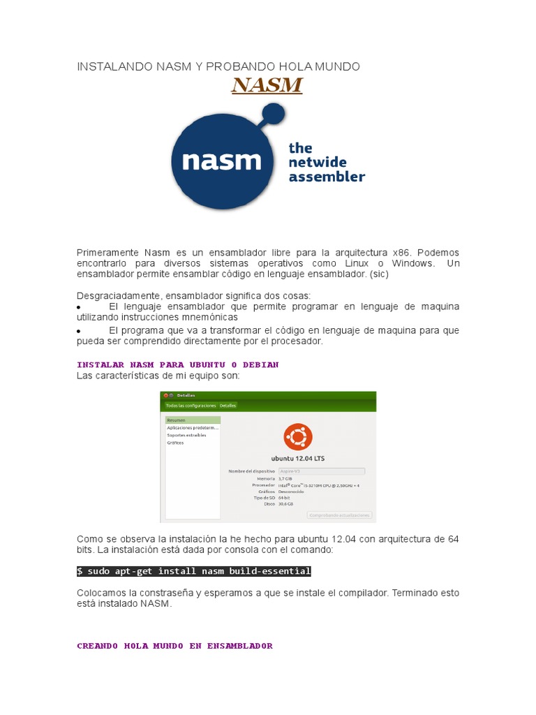 Instalar NASM y Ejecutar Hola Mundo | PDF | Sistema Integrado | Informática