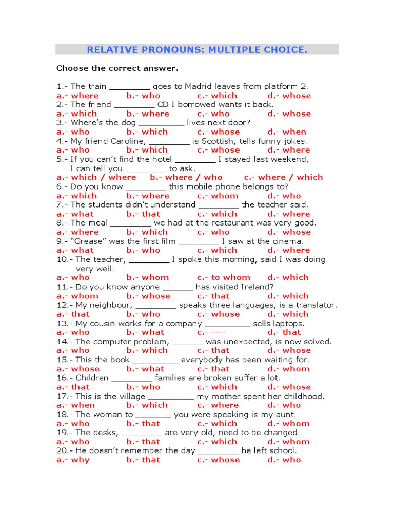 Relative Pronouns Multiple Choice | PDF