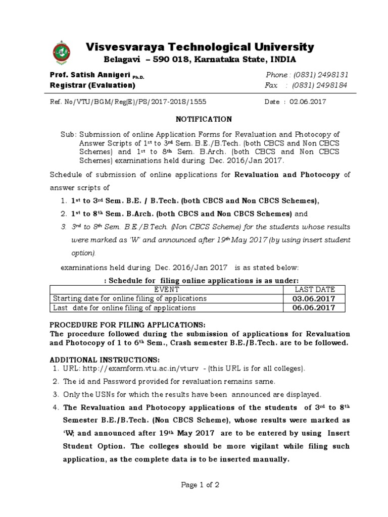 Notification Regarding Submission of Online Application Forms for Revaluation and Photocopy of ...