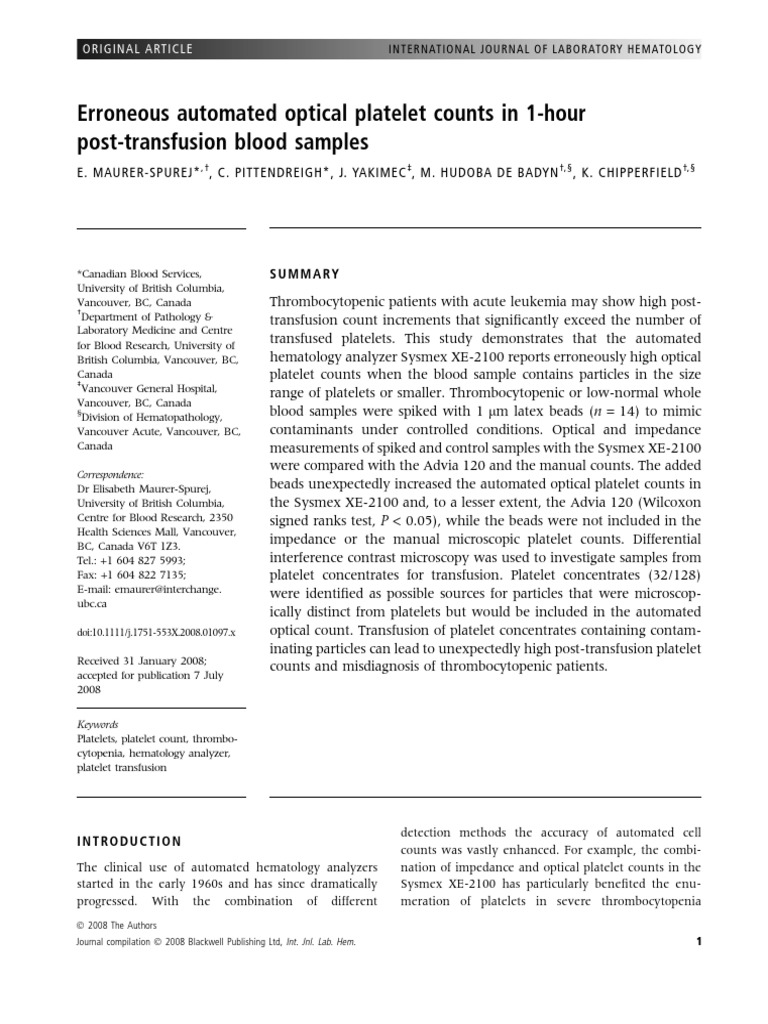 Erroneous Automated Optical Platelet Counts PDF | PDF | Platelet ...