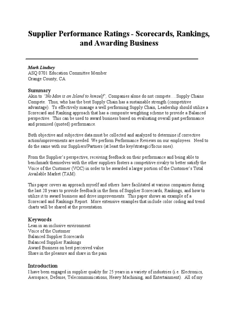 Supplier Performance Ratings - Scorecards, Rankings, and Awarding ...