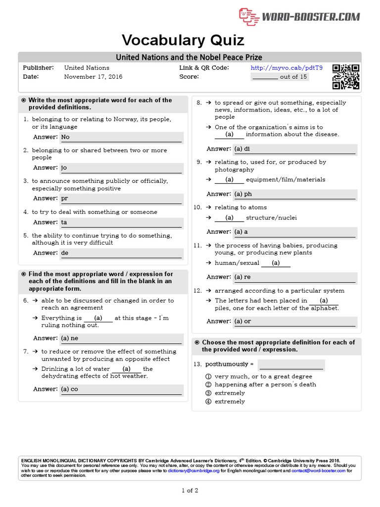 Vocabulary Quiz: United Nations and The Nobel Peace Prize | PDF ...