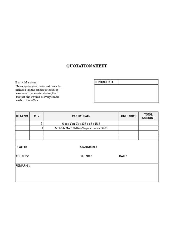 Quotation Sheet Summary | PDF | Vehicle Technology | Business