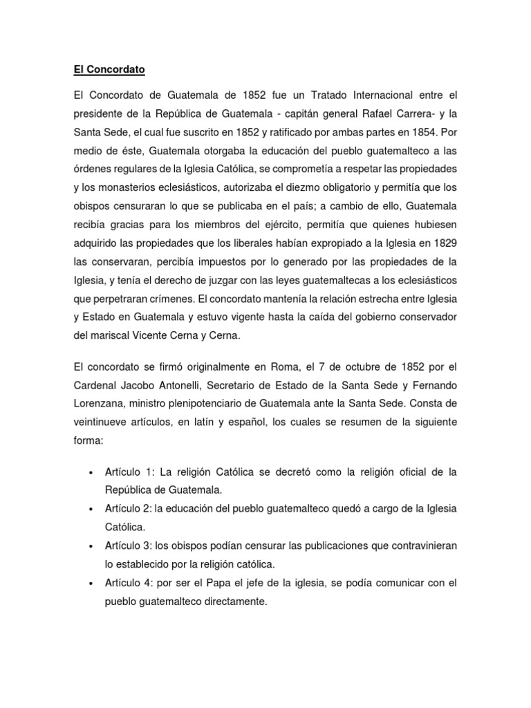 Concordato de Guatemala 1852: Resumen | PDF | Guatemala | Iglesia Católica