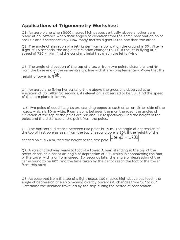 Trigonometry Worksheet Problems Heights Speeds Angles | PDF | Nature ...