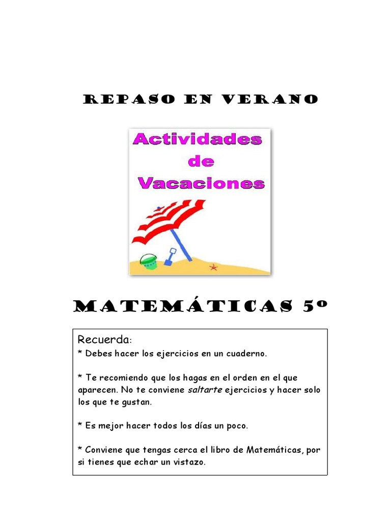 Matematicas 5º Ep-Repaso en Verano | PDF | Fracción (Matemáticas ...