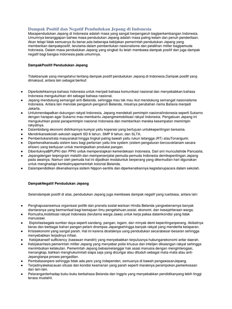 Dampak Positif Dan Negatif Pendudukan Jepang Di Indonesia | PDF